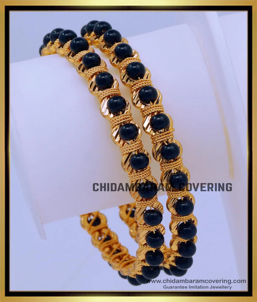 Buy One Gram Gold Plated Black Beads Bangles Design