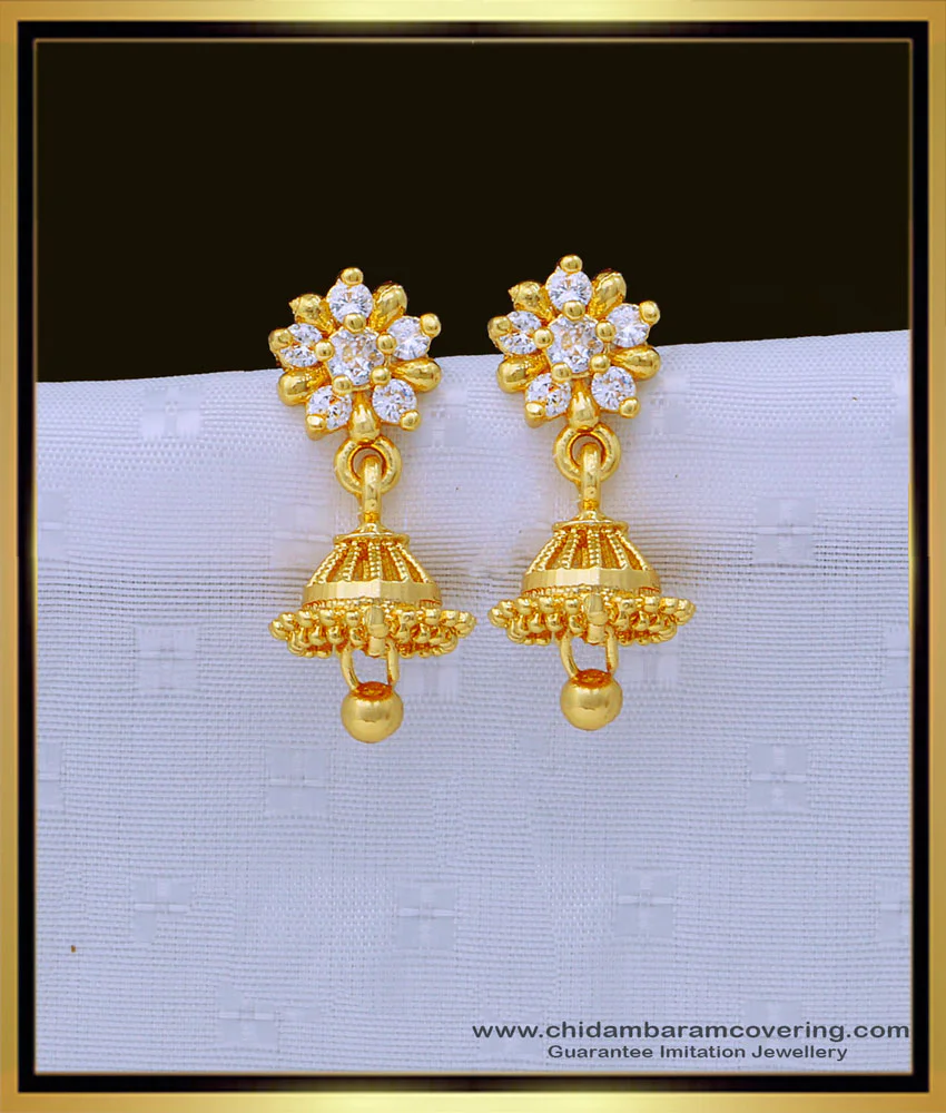 Buy Cute Small Jhumkas 1 Gram Gold White Stone Jimiki Kammal for School ...