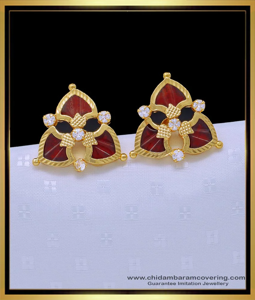 Buy Traditional Red Palakka Ear Stud with White Stone Gold Plated ...