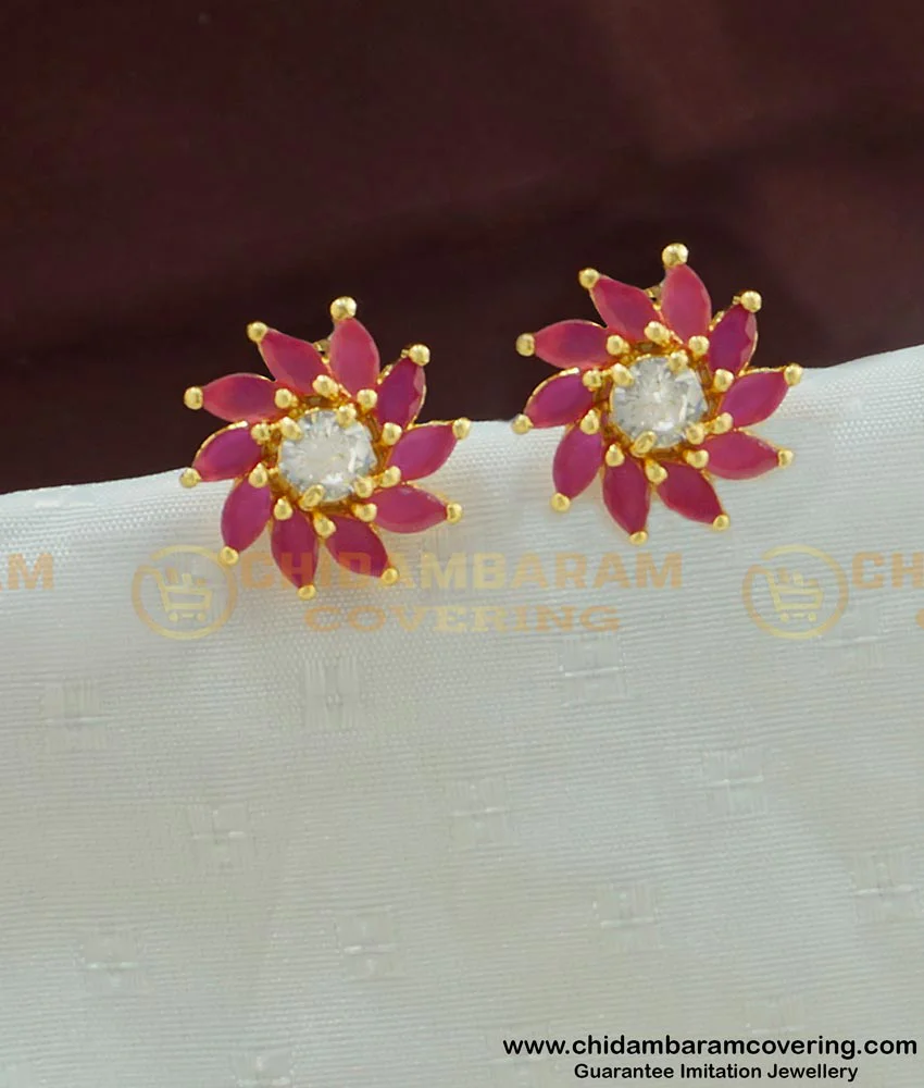 Buy One Gram Gold Party Wear Floral Design Ruby Stone Studs Imitation ...