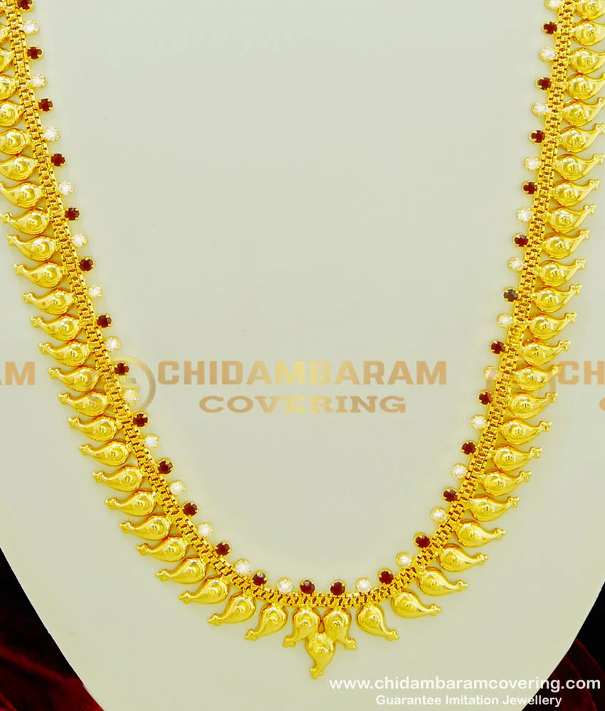 Buy Traditional Ruby Stone and White Stone Mango Long Haram Design Gold ...