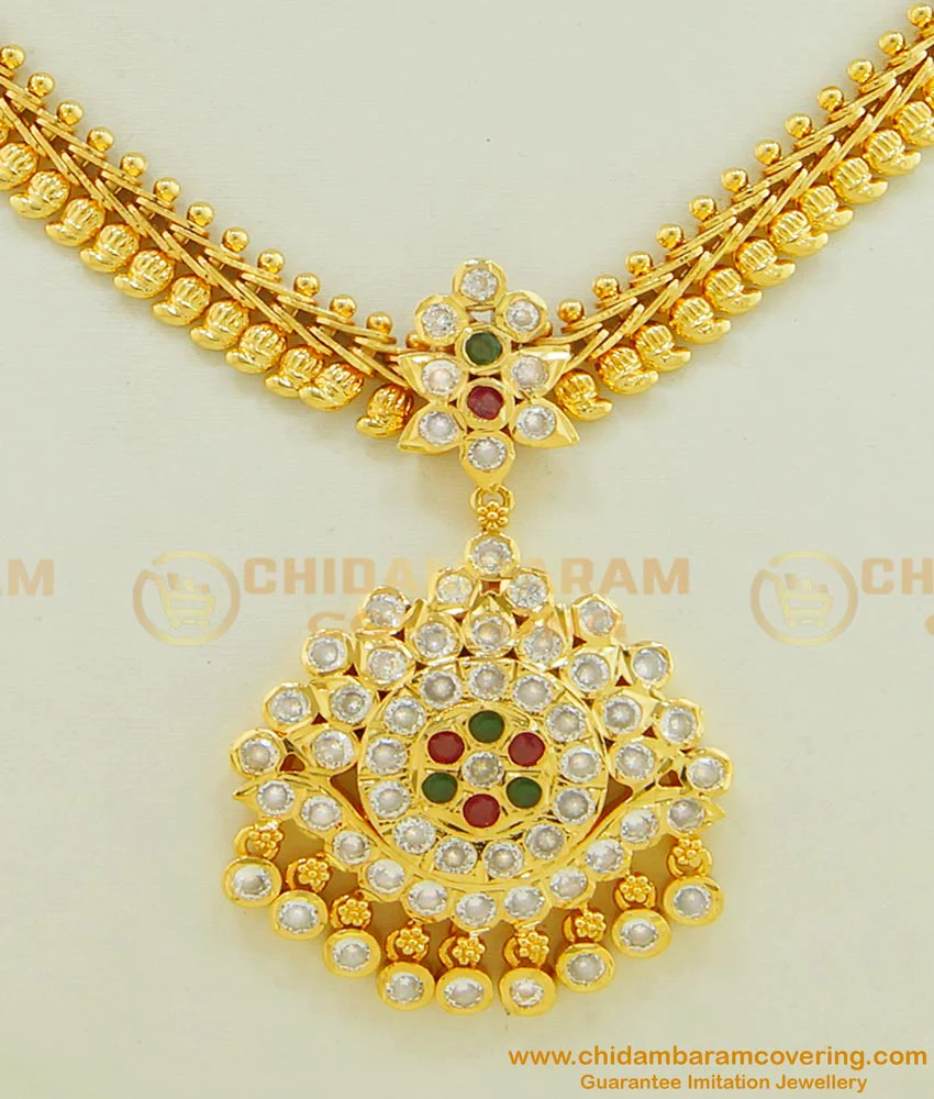 Buy Gold Plated Impon Mango Design Multi Stone Attigai Necklace Online