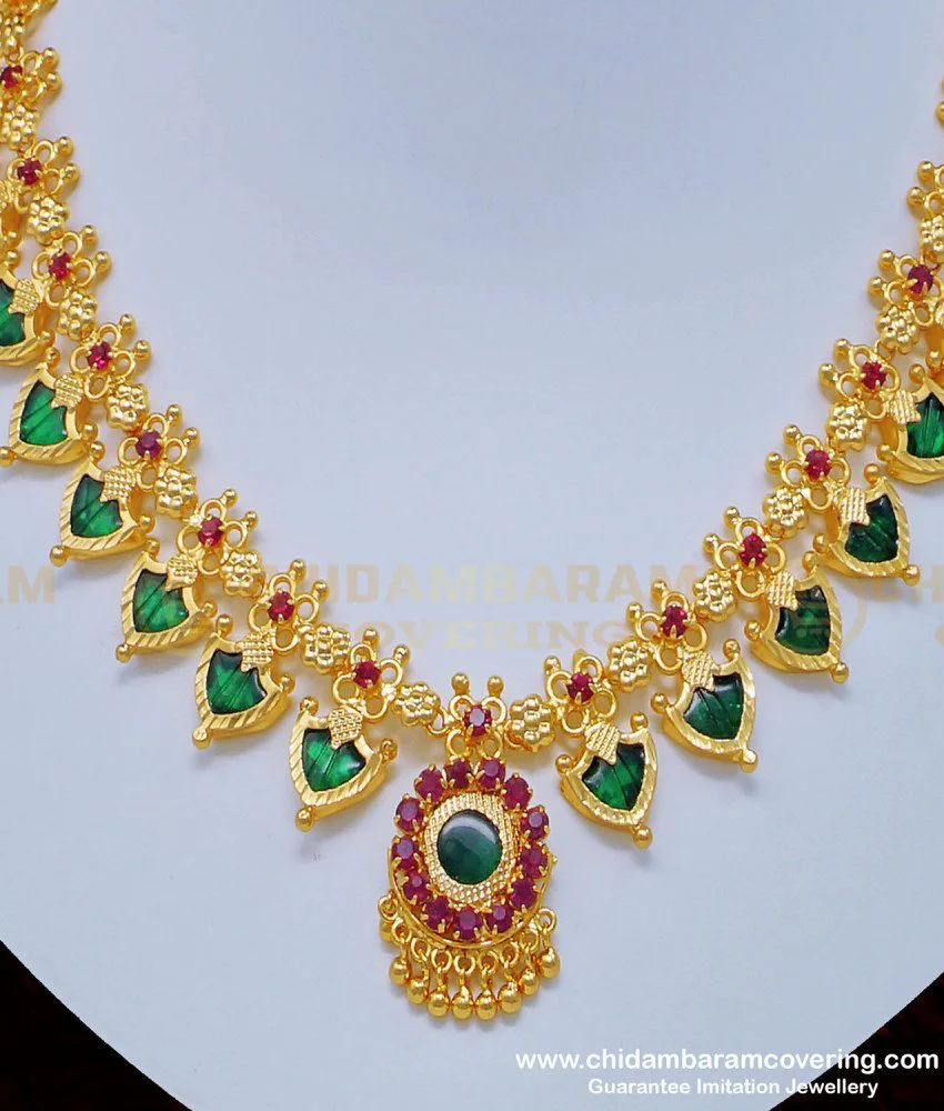 Buy One Gram Gold Pink Stone Green Palaka Necklace Design Kerala ...