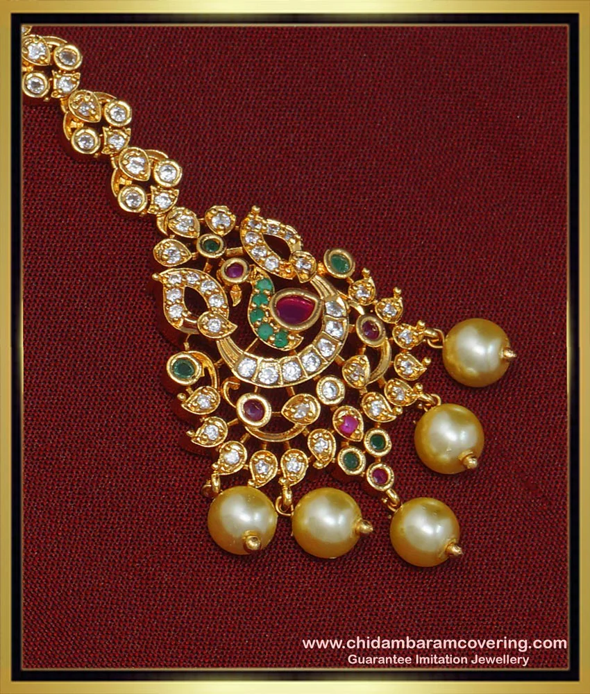 Buy Unique Party Wear Ad Stone Peacock Design Pearl Beaded Maang Tikka ...